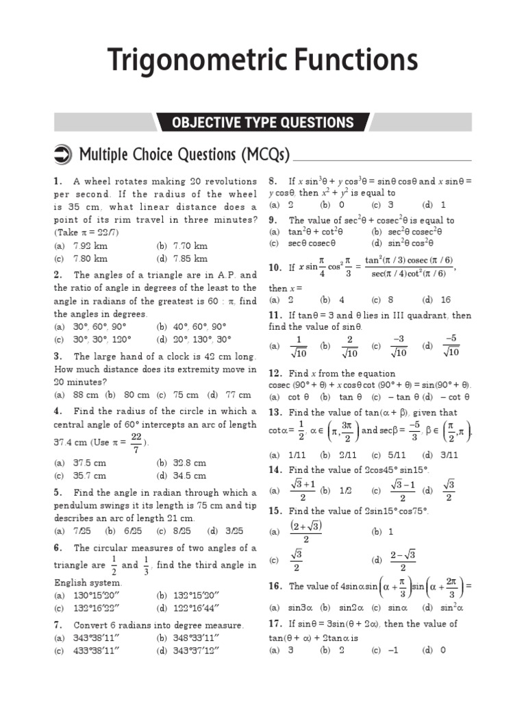 Trigonometrtics Functions Question | PDF | Minute And Second Of Arc ...