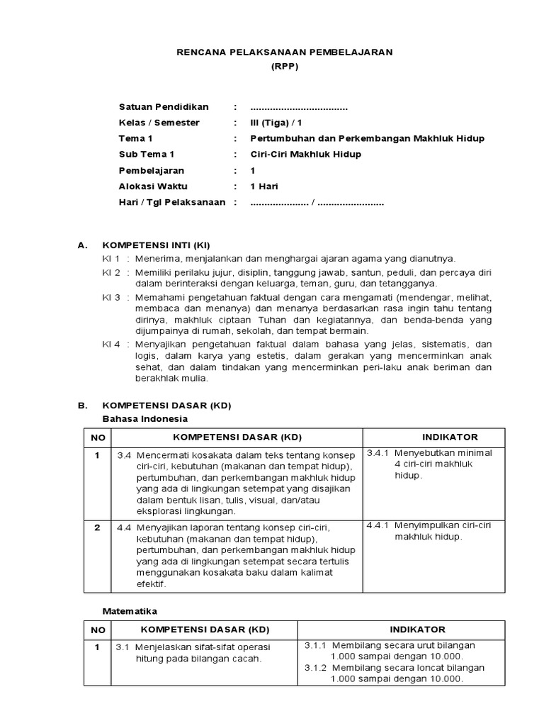 RPP K3 Tema 1 ST 1 Rev. 2018 | PDF