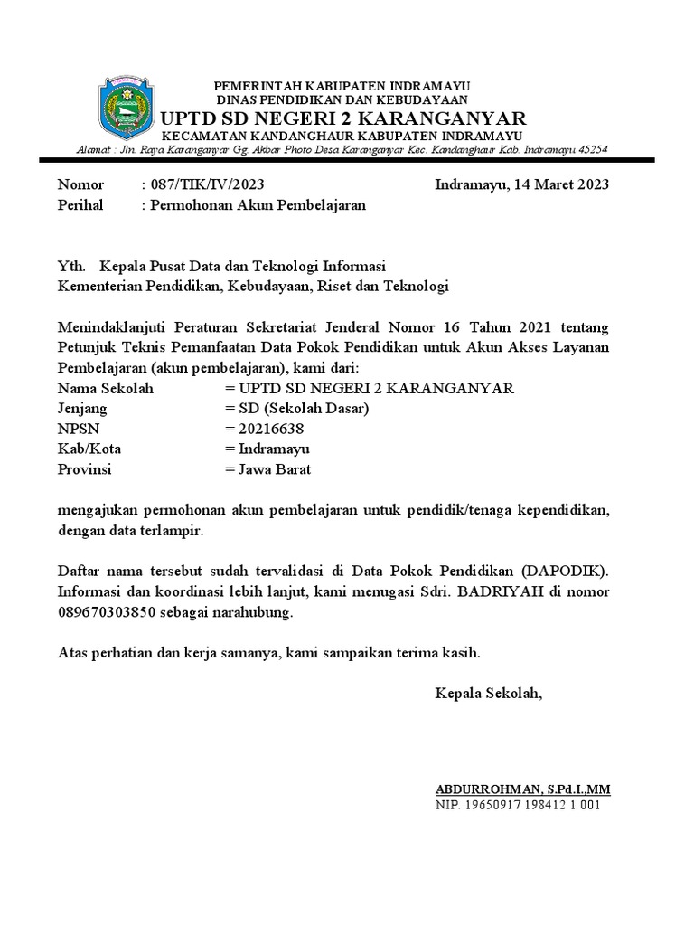 Contoh Surat Permohonan Akun Untuk Tenaga Pendidik Dan Kependidikan | PDF