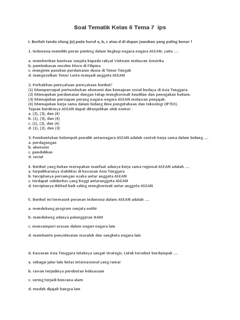 Soal IPS Kelas 6 Tema 7 Asean | PDF