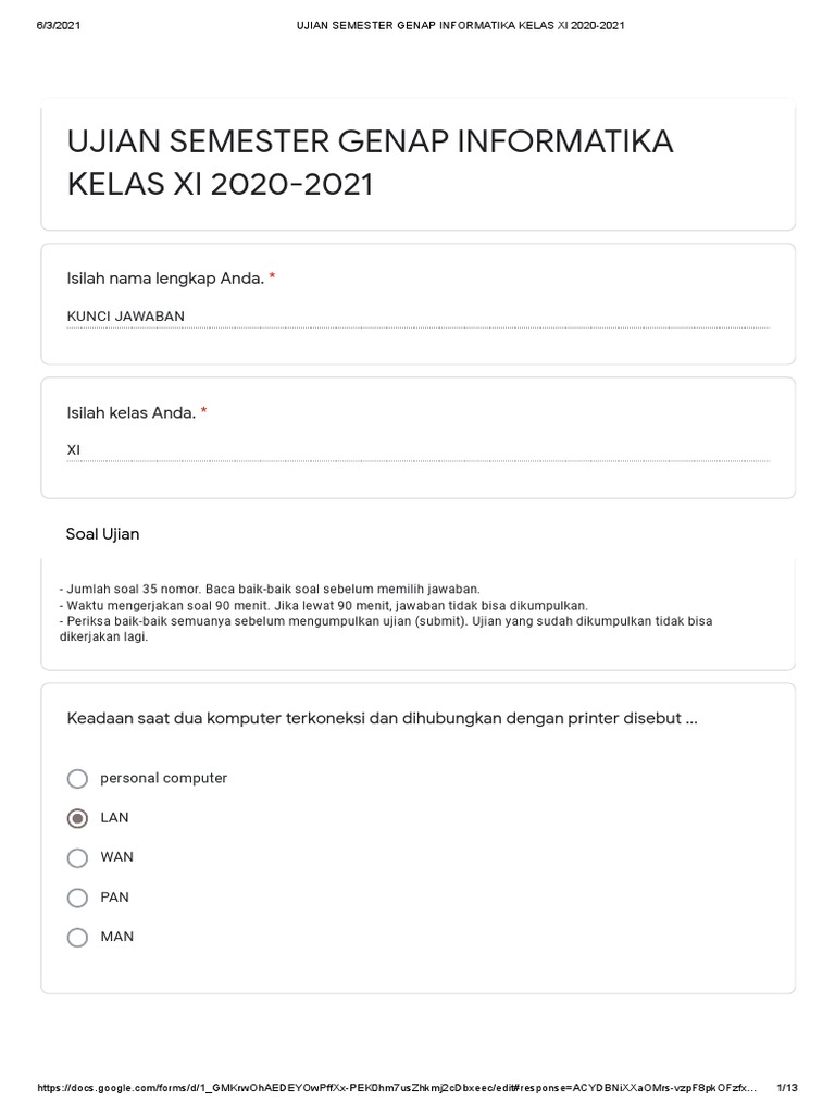 Kunci Jawaban Kelas 11 Ujian Semester Genap Informatika Ganjil 2020 ...