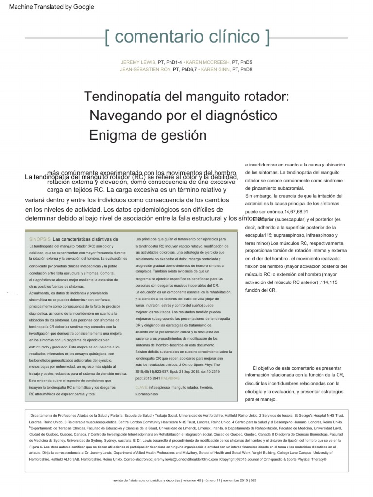 Rotator Cuff Tendinopathy JEREMI LEWIS | PDF | Hombro | Dolor