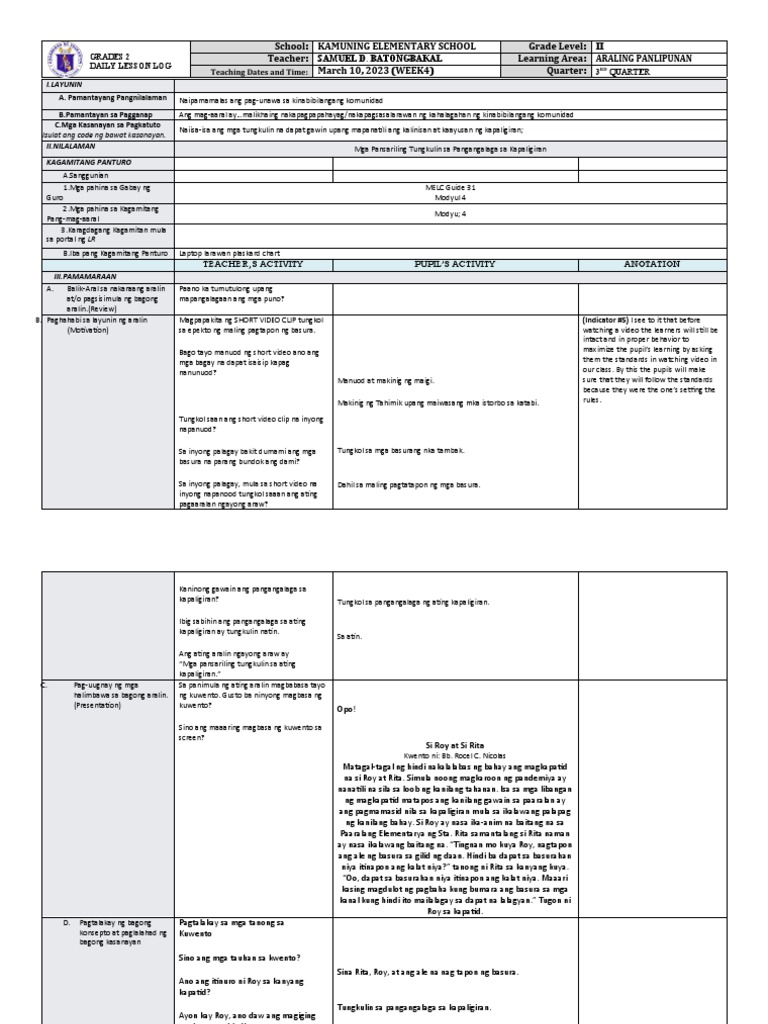 Detailed Lesson Plan in Grade 2 (Pansariling Tumgkulin Sa Pangangalaga ...