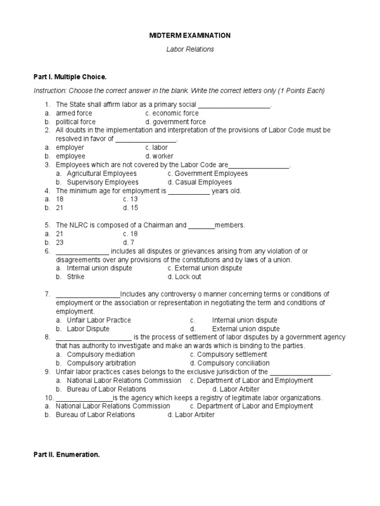 Labor Relations Midterm Exam Guide | PDF | Employment | Labour Law