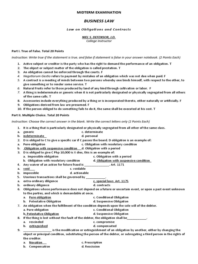 Exam Business Law Final | PDF | Civil Law (Legal System) | Contract Law