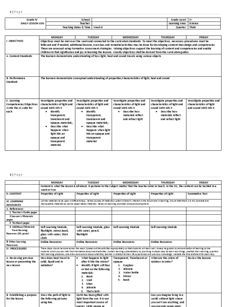 DLL Science 4 Q3 W6 | PDF | Learning | Light