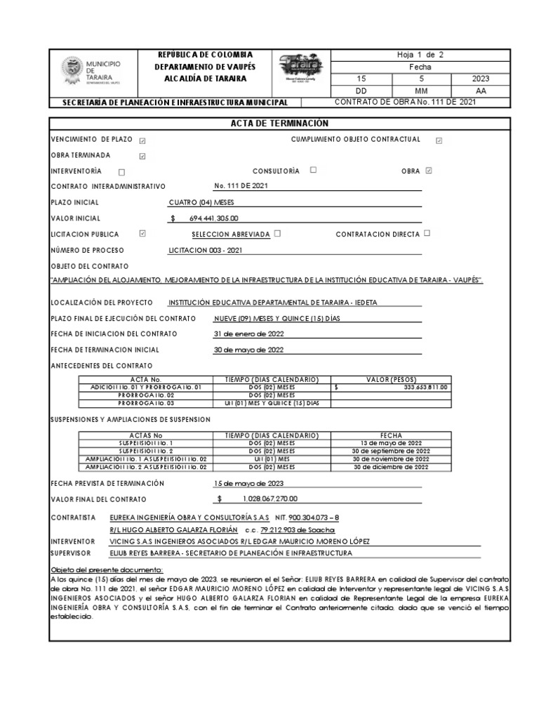 Acta de Terminación Obra (15 May 2023) | PDF