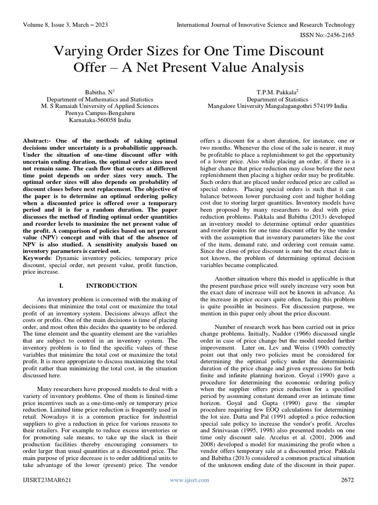 Varying Order Sizes For One Time Discount Offer - A Net Present Value ...