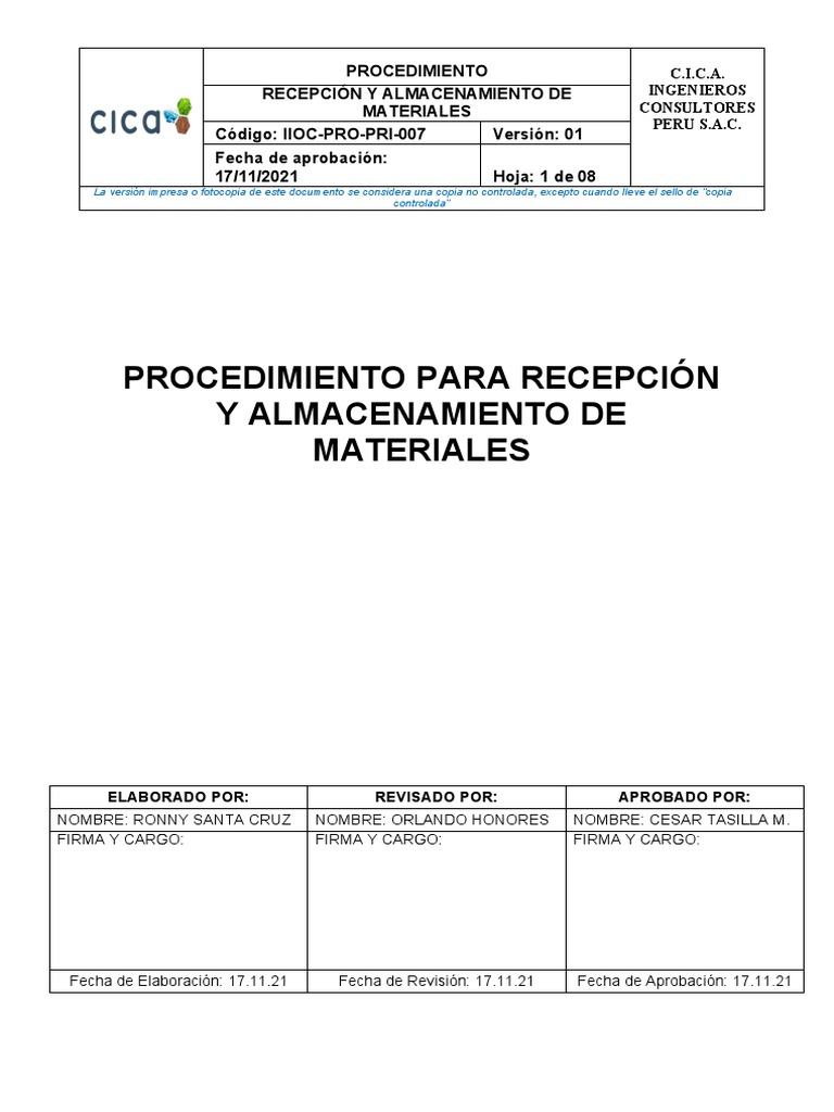 Procedimiento de Recepción y Almacenamiento | PDF