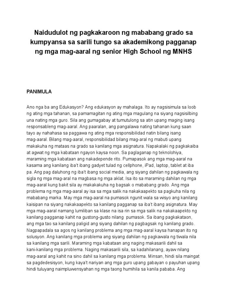 Naidudulot ng pagkakaroon ng mababang grado sa kumpyansa sa sarili tungo sa akademikong pagganap ...