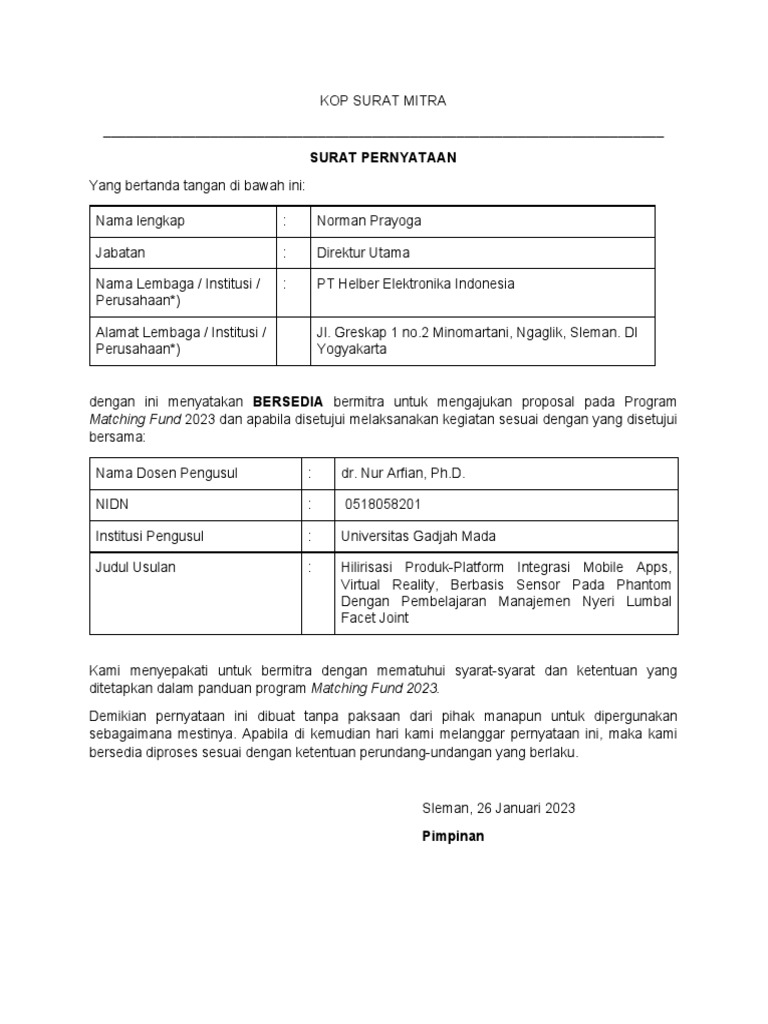 Surat Pernyataan Kemitraan | PDF