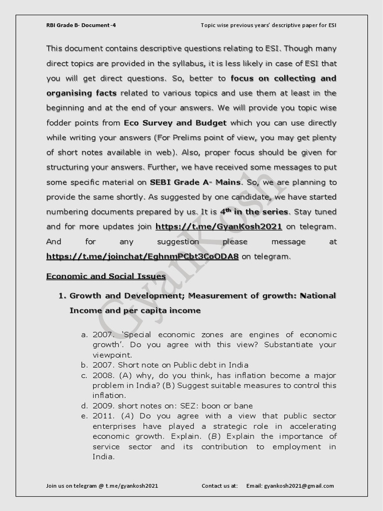 RBI Grade B-Document - 4 Topic Wise Previous Years' Descriptive Paper ...