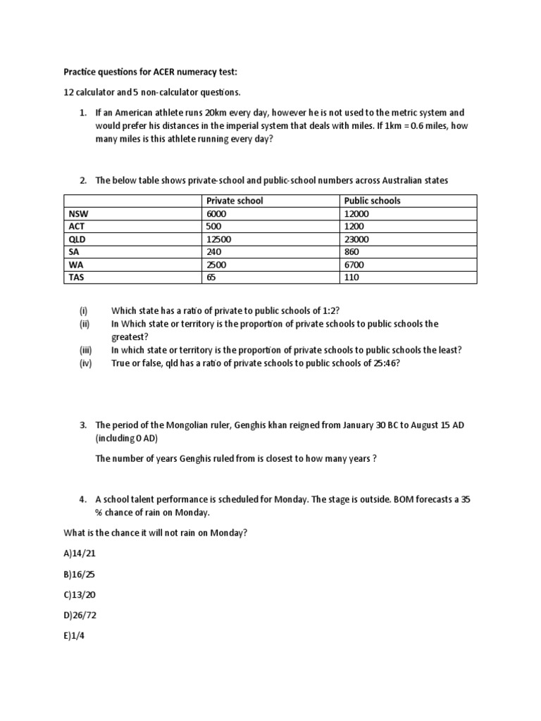 Practice Questions For ACER Numeracy Test | PDF