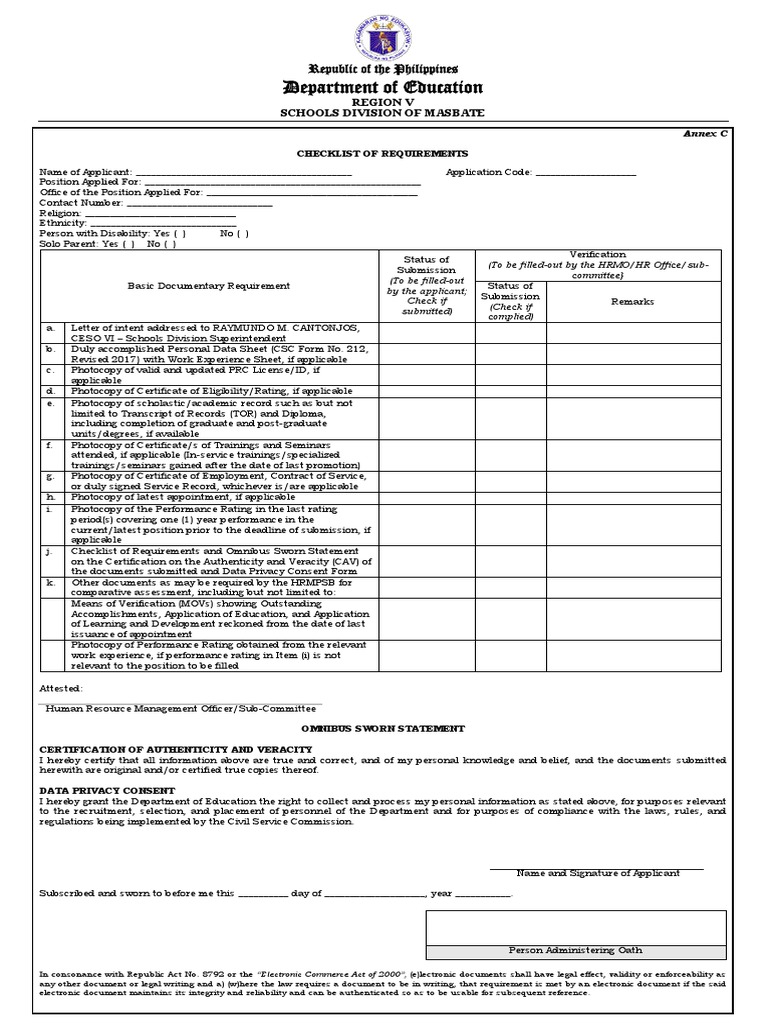 Checklist of Requirements of Applicants and Omnibus | PDF