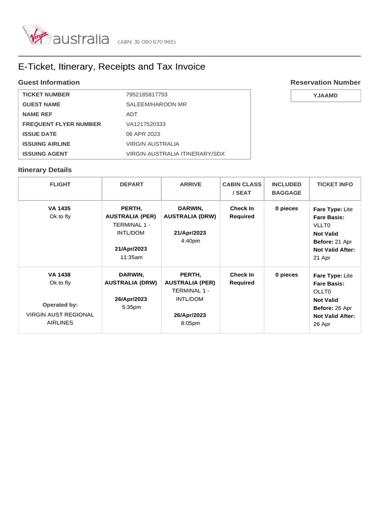 Electronic Ticket Receipt, April 21 For MR HAROON SALEEM | PDF ...