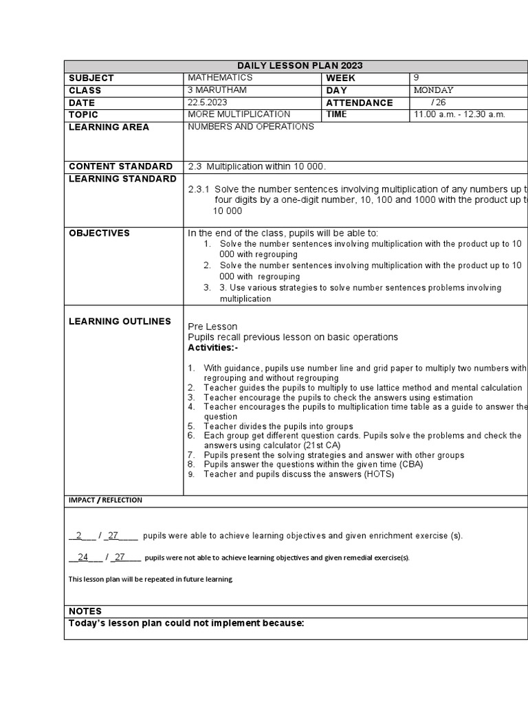RPH Mat THN 3 DLP 2.3.1 | PDF | Lesson Plan | Multiplication
