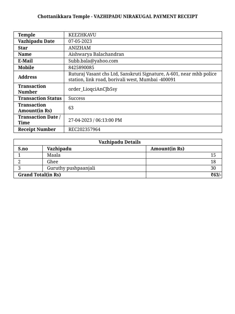 Chottanikkara Temple Vazhipadu Receipt | PDF