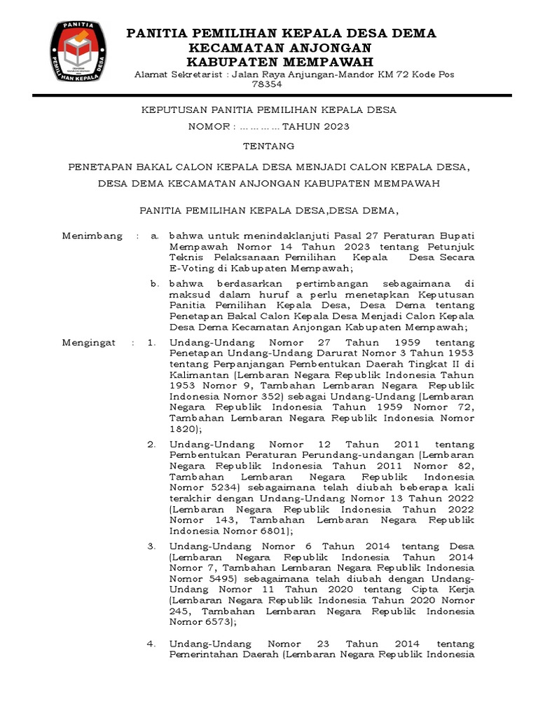 Format SK PPKDES Penetapan Bakal Calon Menjadi Calon Kepala Desa | PDF