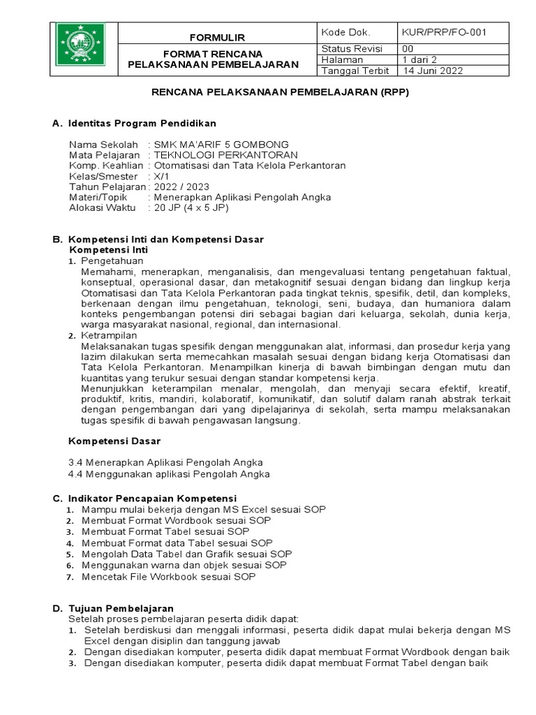 RPP TP Menerapkan Aplikasi Pengolah Angka | PDF | Karier & Perkembangan