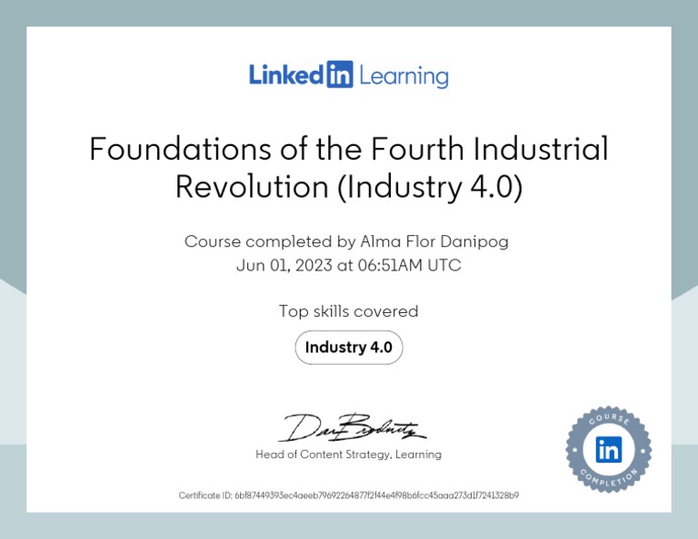 CertificateOfCompletion - Foundations of The Fourth Industrial Revolution Industry 4.0 | PDF