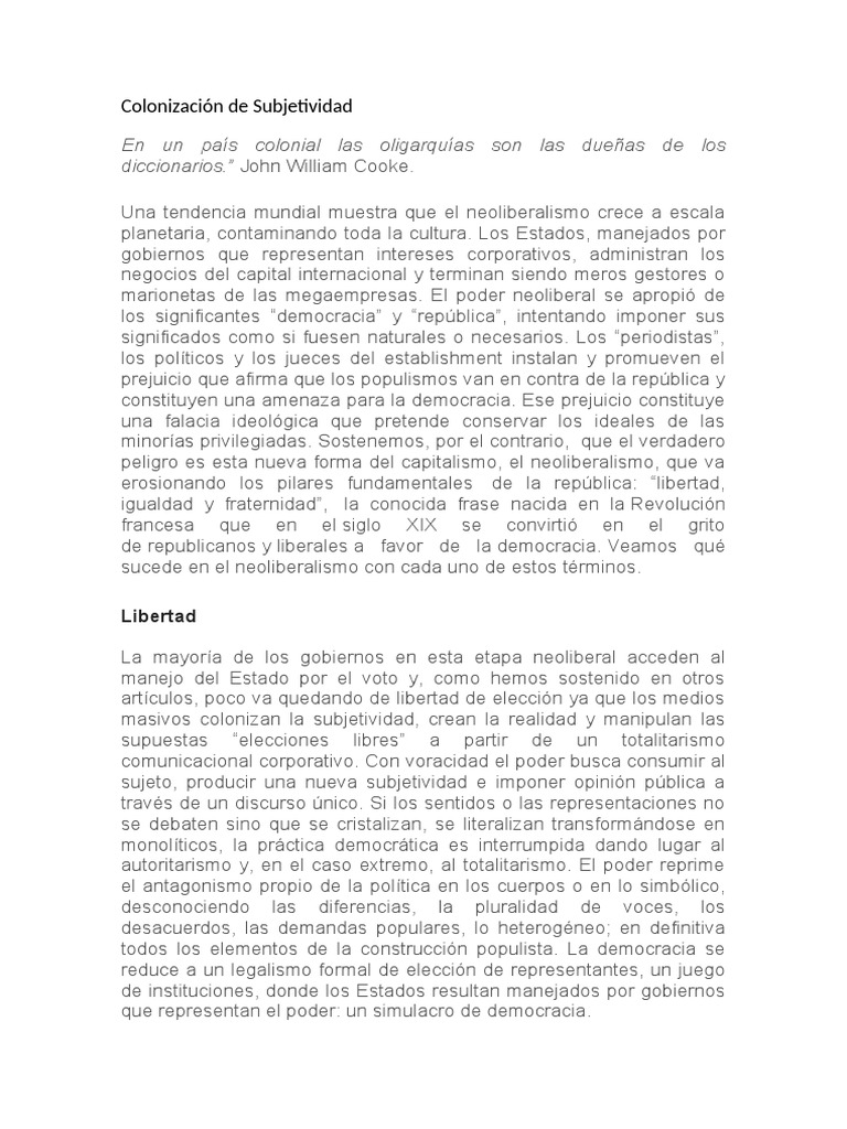 Colonizacion - de - Subjetividad - CLASE 8 | PDF | Democracia ...