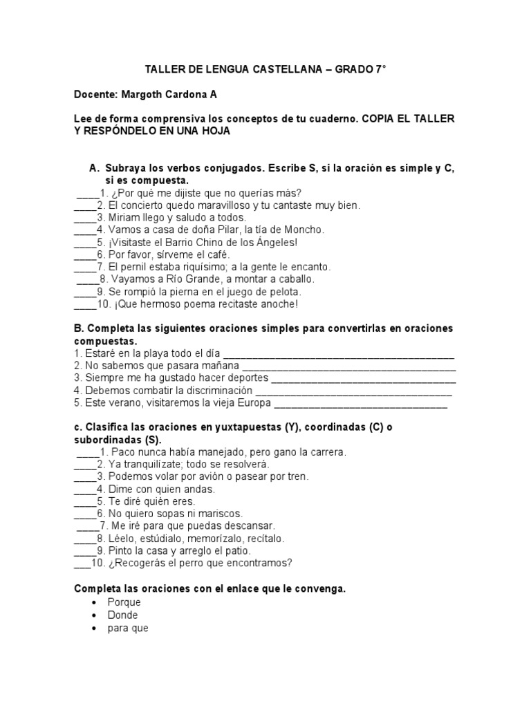 Evaluacion de Oracion Simple y Compuesta | PDF Evaluacion de Oracion Simple y Compuesta | PDF