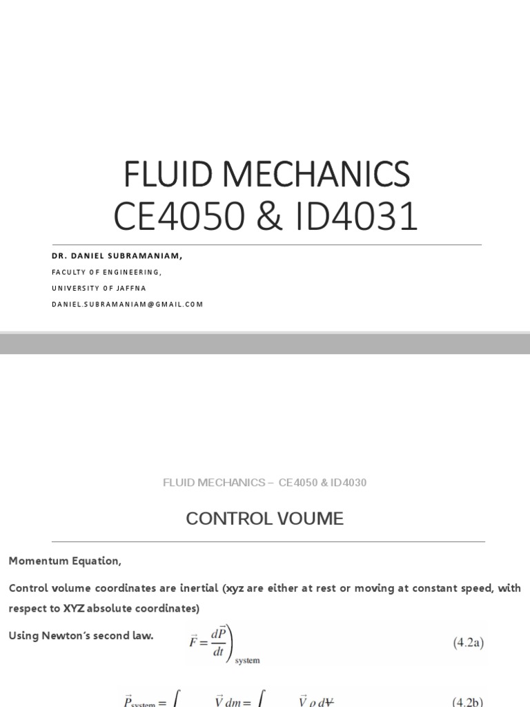 Fluid Mechanics - Lecture 04 | PDF | Momentum | Fluid Dynamics Fluid Mechanics - Lecture 04 | PDF | Momentum | Fluid Dynamics