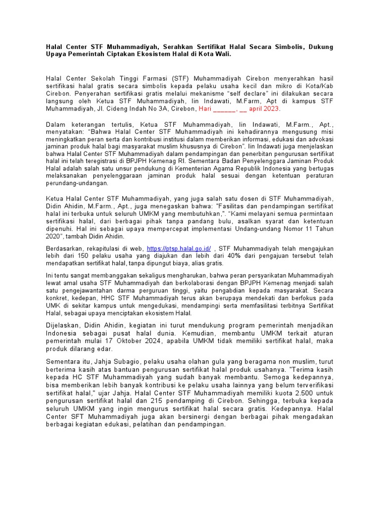 Halal Center STF Muhammadiyah CRN | PDF | Bisnis | Pengelolaan Keuangan & Uang