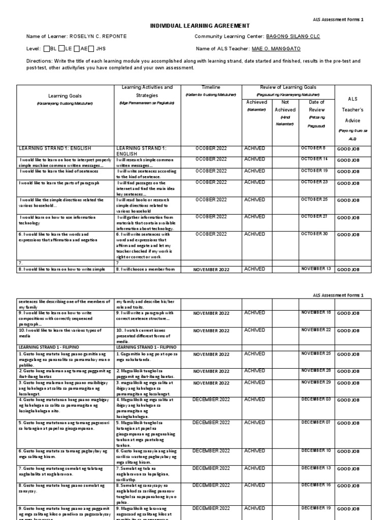 Individual Learning Agreement: ALS Assessment Forms 1 | Download Free ...