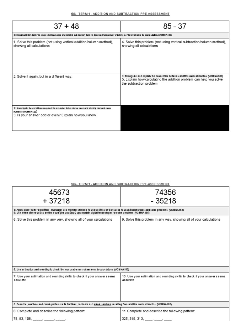Addition and Subtraction Pre-Assessment | PDF