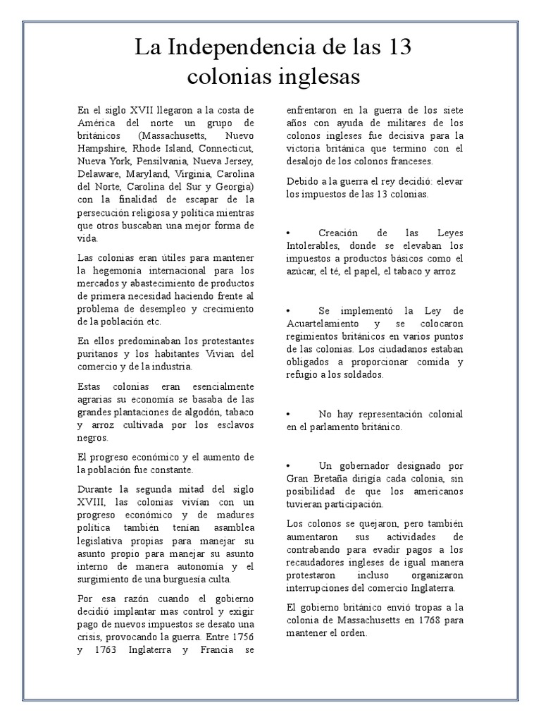 La Independencia de Las 13 Colonias | PDF