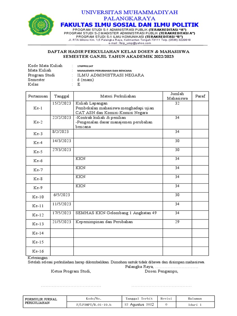Manajemen Perubahan Dan Bencana - FORM MONITORING PERKULIAHAN | PDF