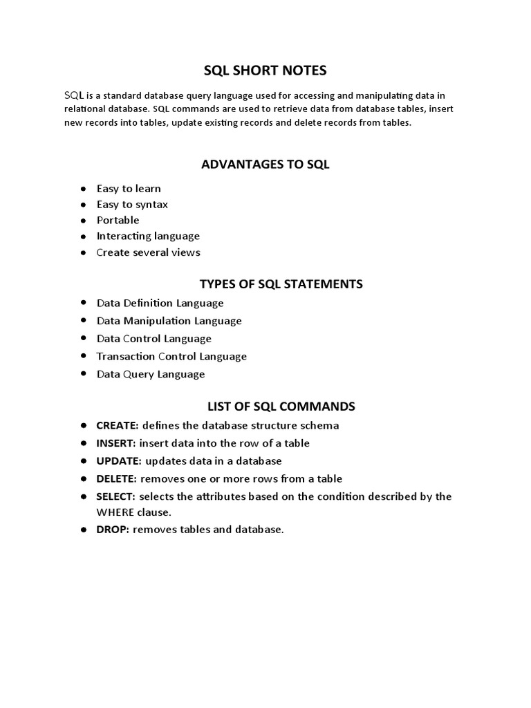 SQL Short Notes | PDF