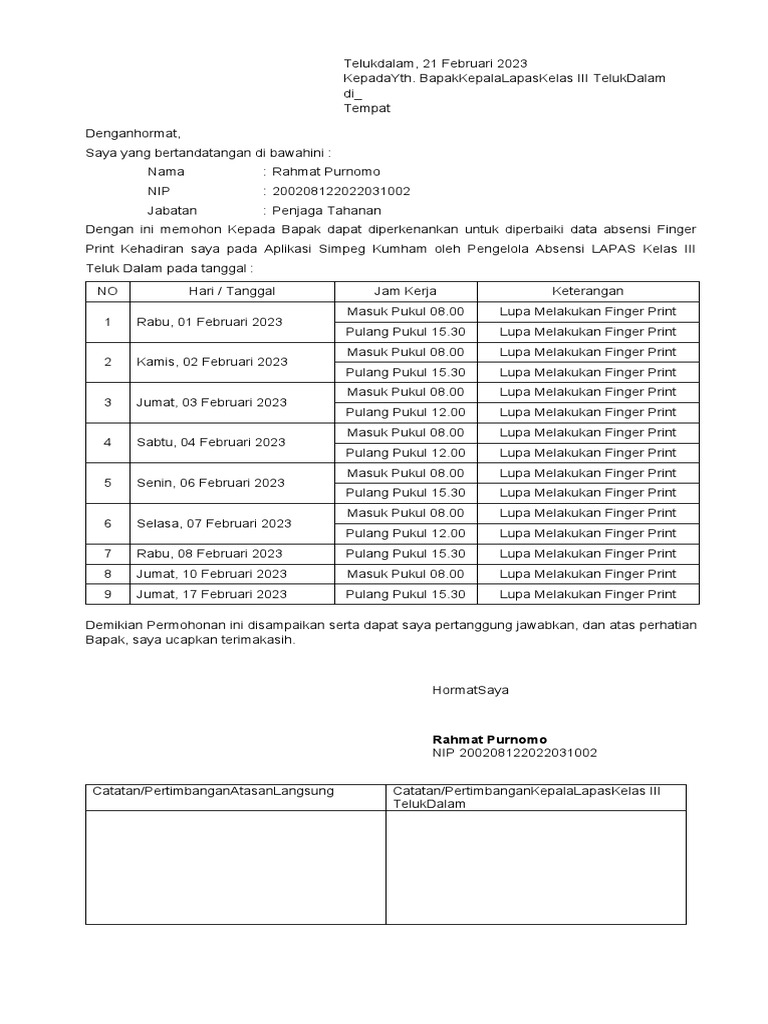 Contoh Surat Permohonan Perbaikan Data Absensi New | PDF