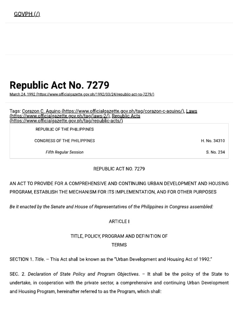 Republic Act No 7279 UDHA | PDF