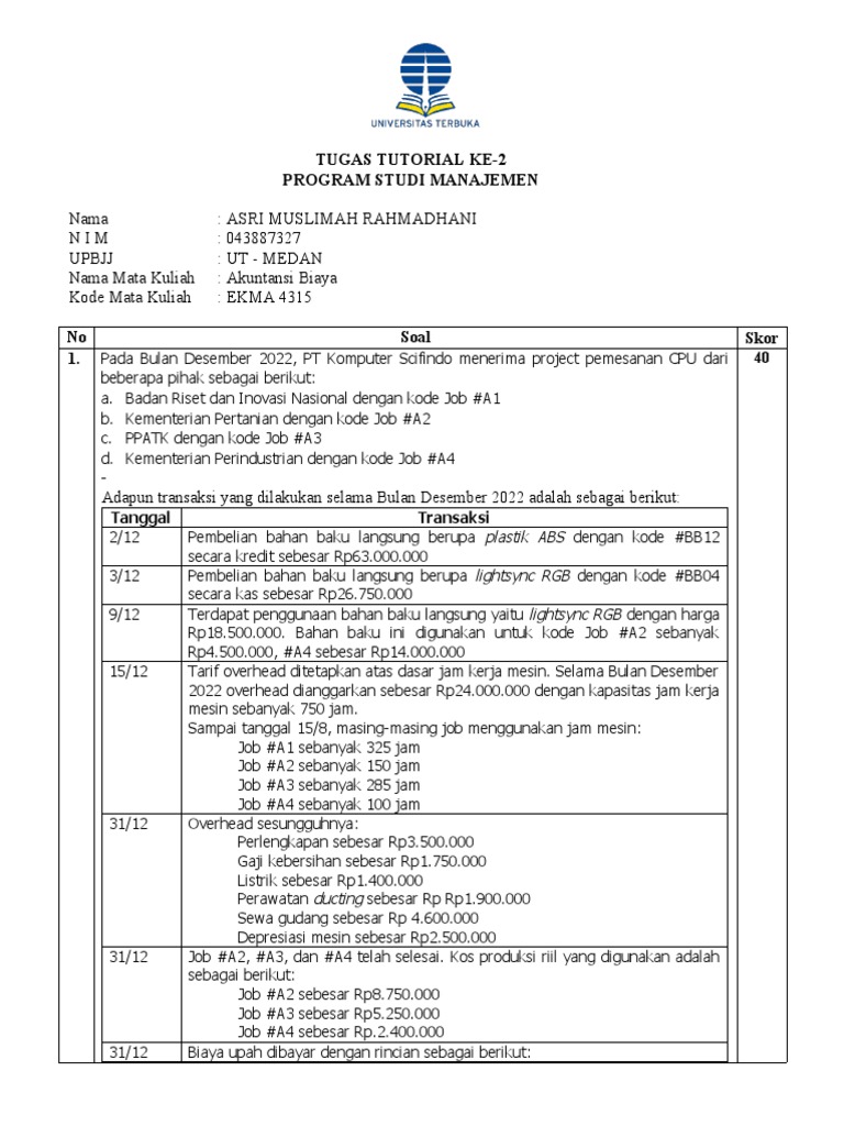 Tugas 2 Akuntansi Biaya EKMA4315 | PDF Tugas 2 Akuntansi Biaya EKMA4315 | PDF