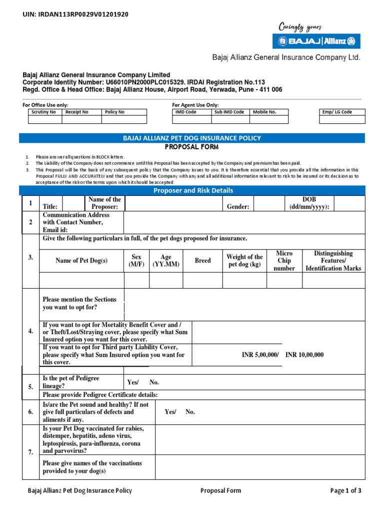 Bajaj Allianz Pet Dog Insurance Proposal Form | PDF