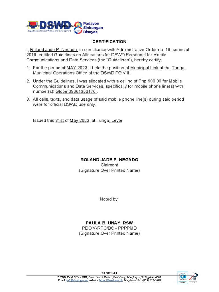 DSWD Mobile Communication Certification | PDF