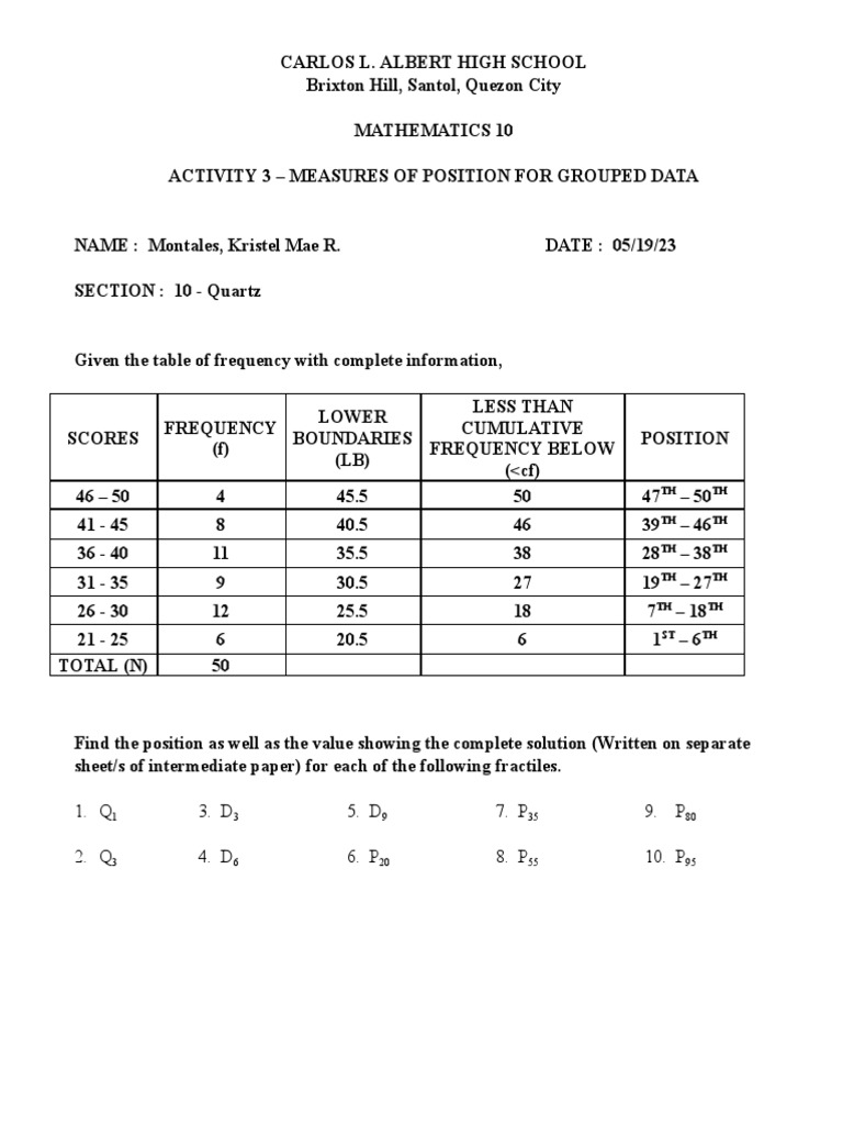 Activity 3 Measures of Position For Grouped Data | PDF Activity 3 Measures of Position For Grouped Data | PDF