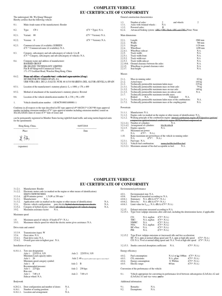 COMPLETE VEHICLE EU CERTIFICATE OF CONFORMITY Citycoco Harley Electric Scooter | PDF | Engines ...