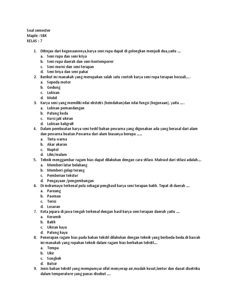 Soal Semester SBK KLS 7 Dan 8 | PDF