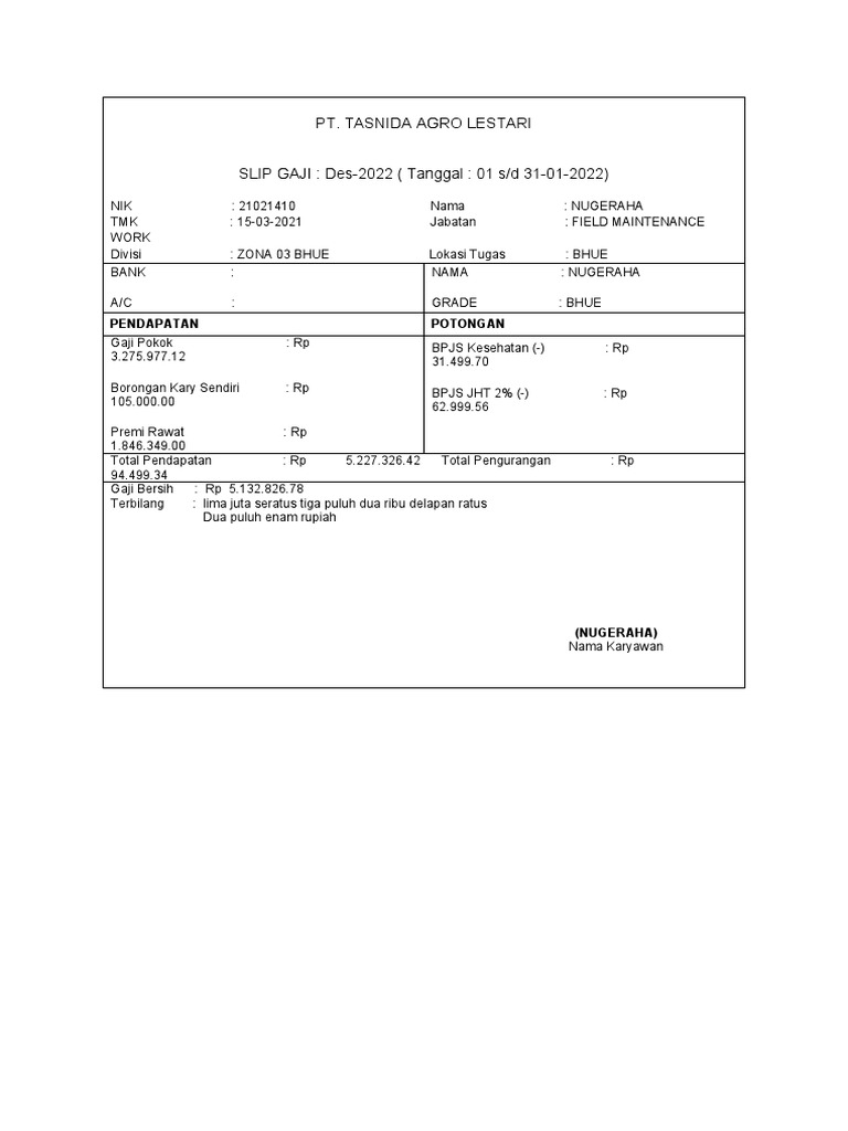 Slip Gaji PT Agro Lestari | PDF
