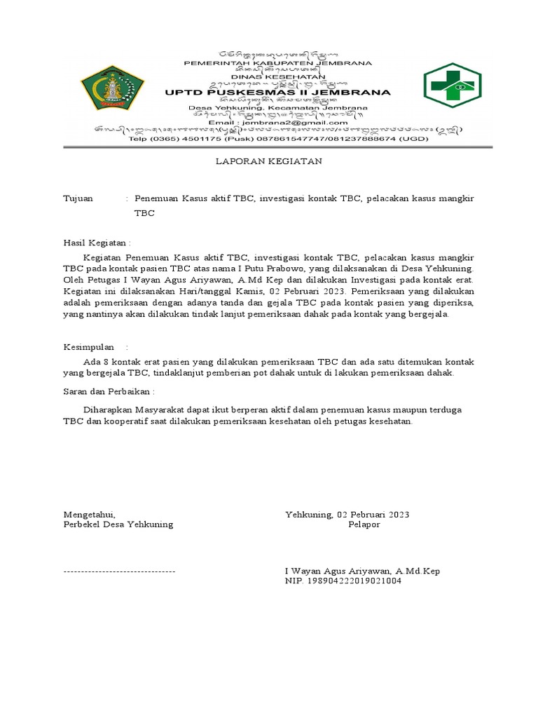 Blangko Laporan Kegiatan Bok TBC 23 | PDF | Pengembangan Diri | Kesehatan Holistik