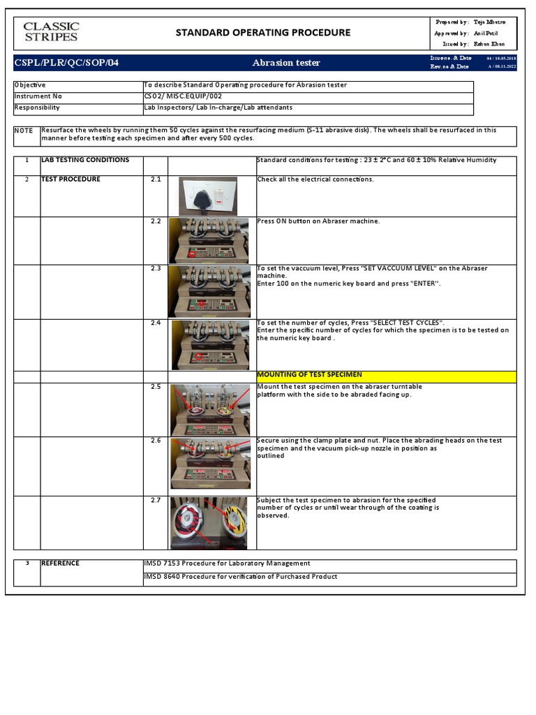 CSPL PLR QC SOP 05 Abrasion Tester | PDF | Mechanical Engineering ...