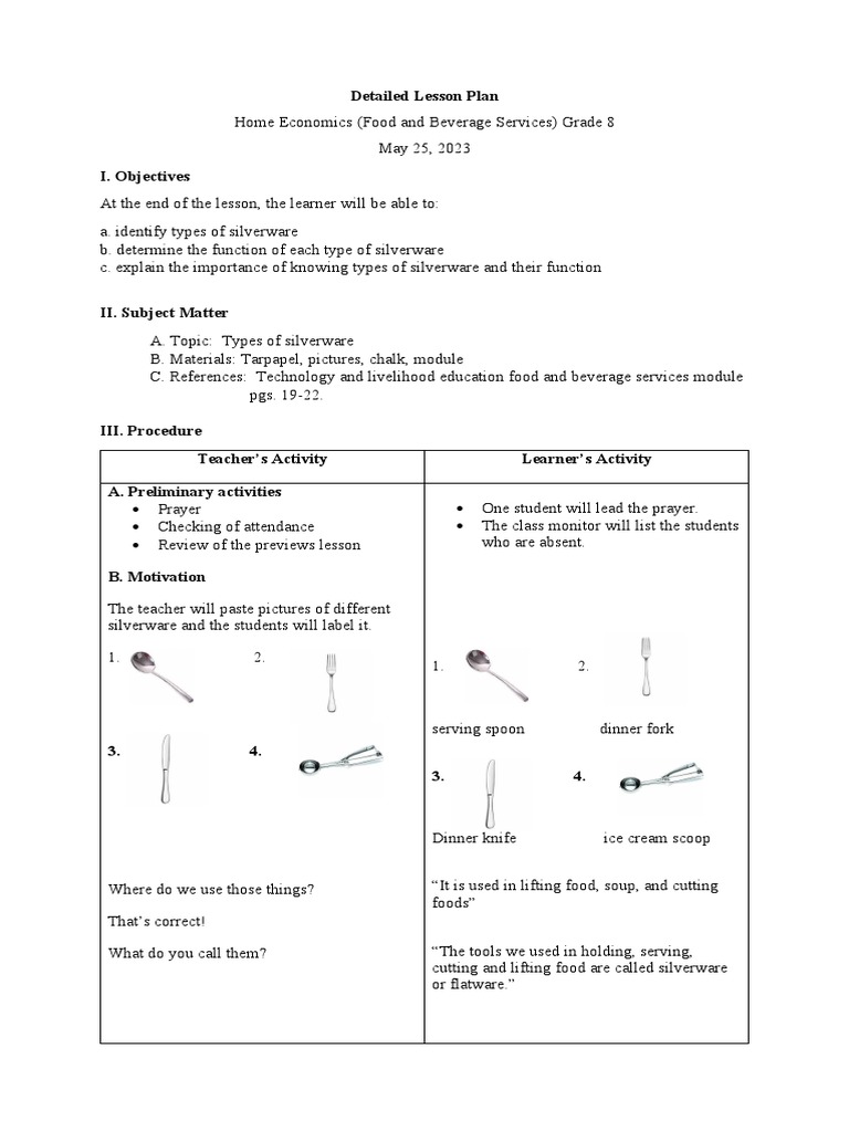 LESSON PLAN TLE FBS - Silverware | PDF