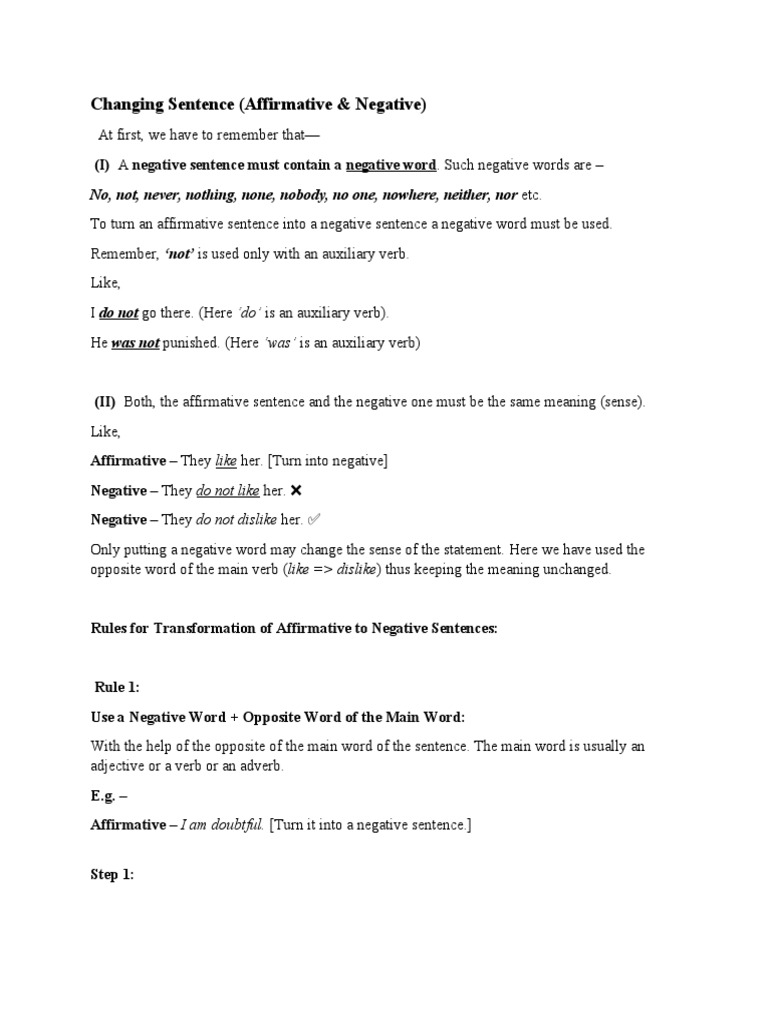 Changing Sentence (Aff Neg) | PDF | Question | Verb