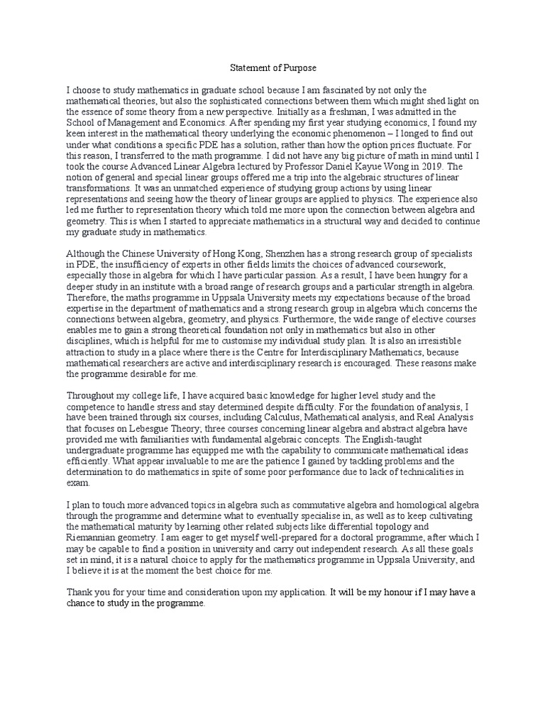 Statement of Purpose - Uppsala University | PDF | Mathematics ...