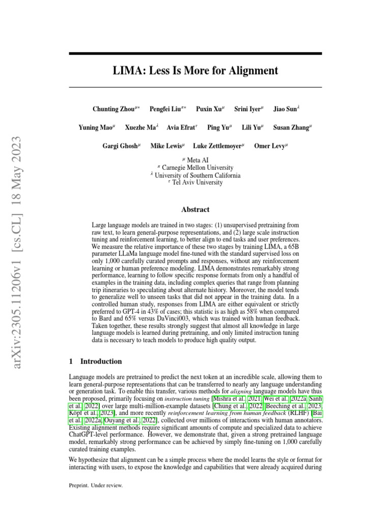 LIMA: Less Is More For Alignment: Chunting Zhou Pengfei Liu Puxin Xu Srini Iyer Jiao Sun | PDF ...