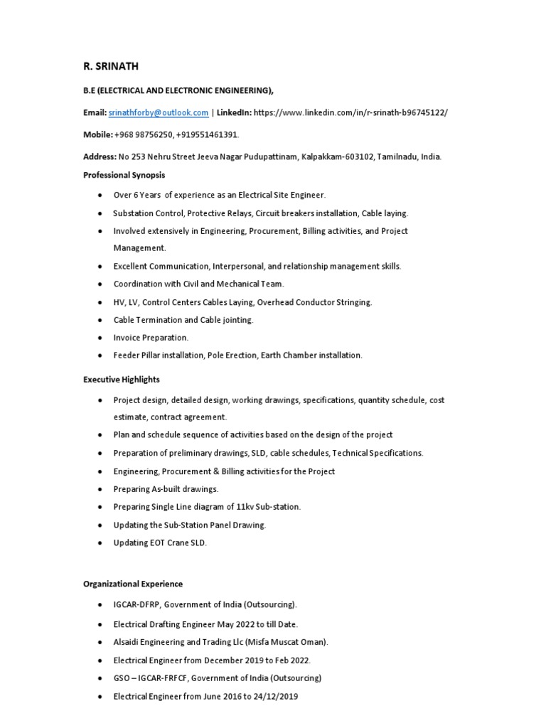 Srinath Electrical Eng Resume | PDF | Electrical Substation ...