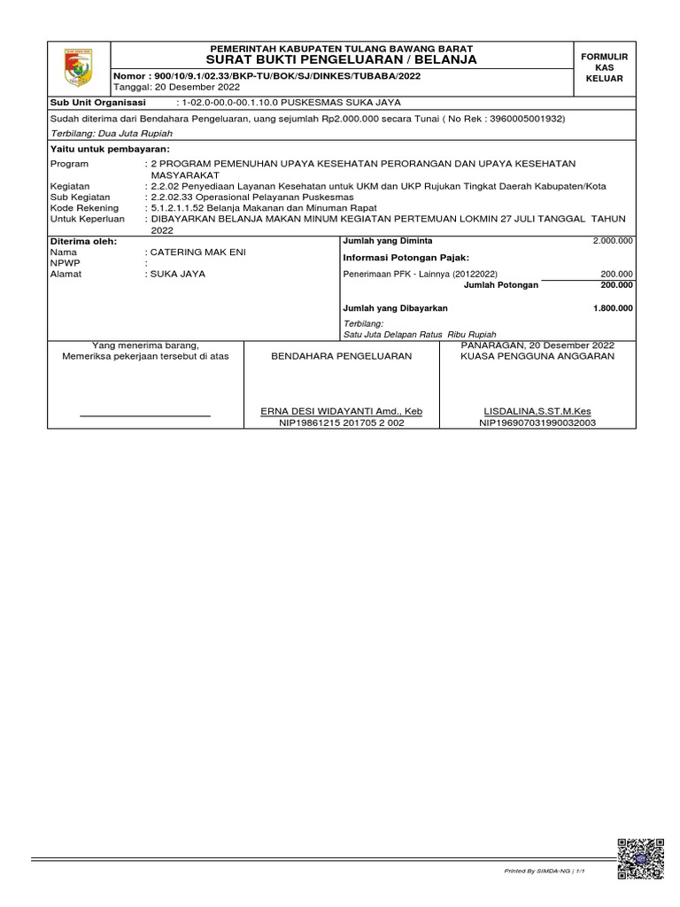 Surat Bukti Pengeluaran / Belanja: Terbilang: Dua Juta Rupiah | PDF